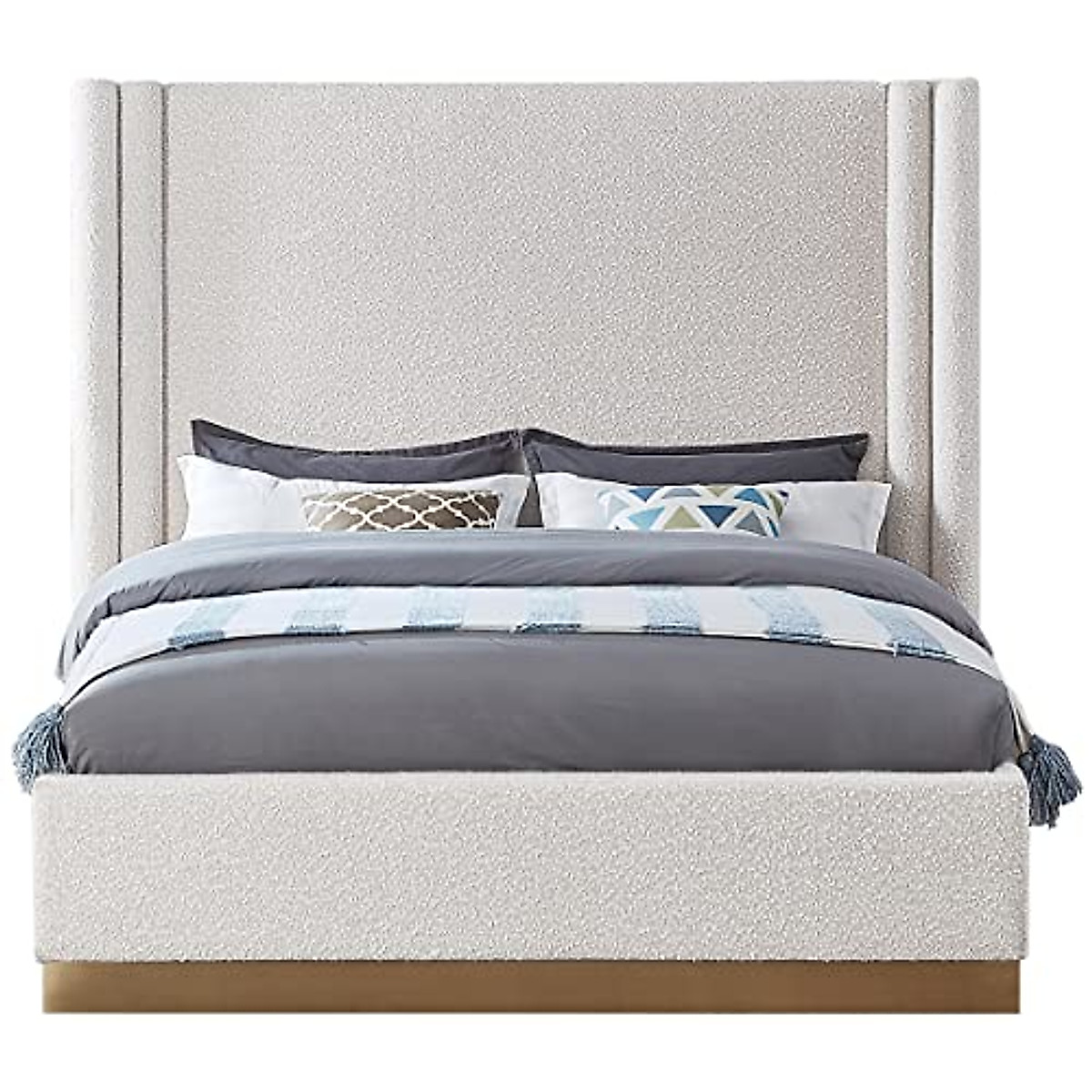 Meridian Furniture HaltonCream-Q Halton Collection Modern | Contemporary Boucle Fabric Upholstered Queen Bed, Rich Cream Boucle Fabric, Brushed Gold Metal Base, 78" W x 86.5" D x 65" H, Cream, Queen