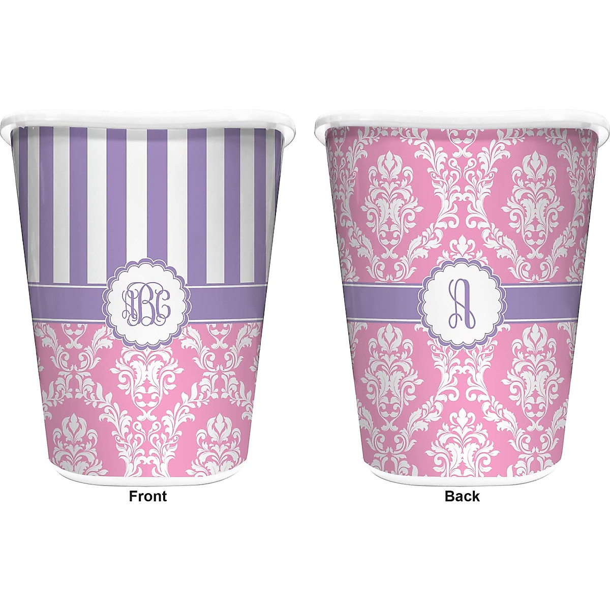 RNK Shops Personalized Pink & Purple Damask Waste Basket - Double Sided (White)