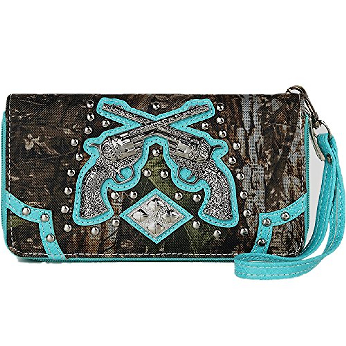 Cowgirl Trendy Camouflage Dual Pistol Western Studs Handbag Concealed Carry Purse Country Women Shoulder Bag Wallet Set (Turquoise Set)