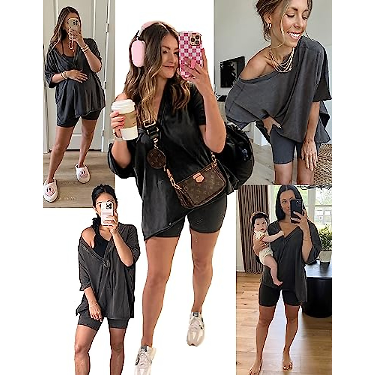 TIQOJE Womens Workout Set 2 Piece Outfits Oversized V Neck T Shirt Biker Shorts Reversible Set(-Darkgrey01-Medium)