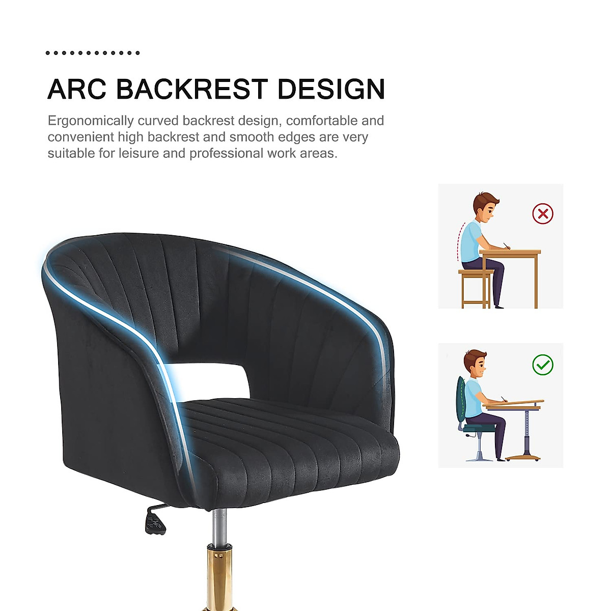 Nrizc Velvet Office Desk Chair, Upholstered Home Office Desk Chairs with Adjustable Swivel Wheels, Ergonomic Office Chair for Living Room, Bedroom, Office, Vanity Study (Black)