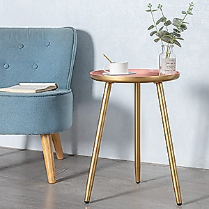 HollyHOME Accent Round Metal End Table with 3 Legs, 15.35"(D) x19.69(H), Indoor&Outdoor Tripod Stand Coffee Side Table, Weather Resistant Tea Table for Living Room, Balcony, Patio, Garden, Gold&Pink
