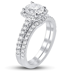 Bridal Set 2-1/5 CT TW Round Cut Moissanite Engagement Ring Wedding Band Set for Women 14k White Gold Free Engraving Size 4.5