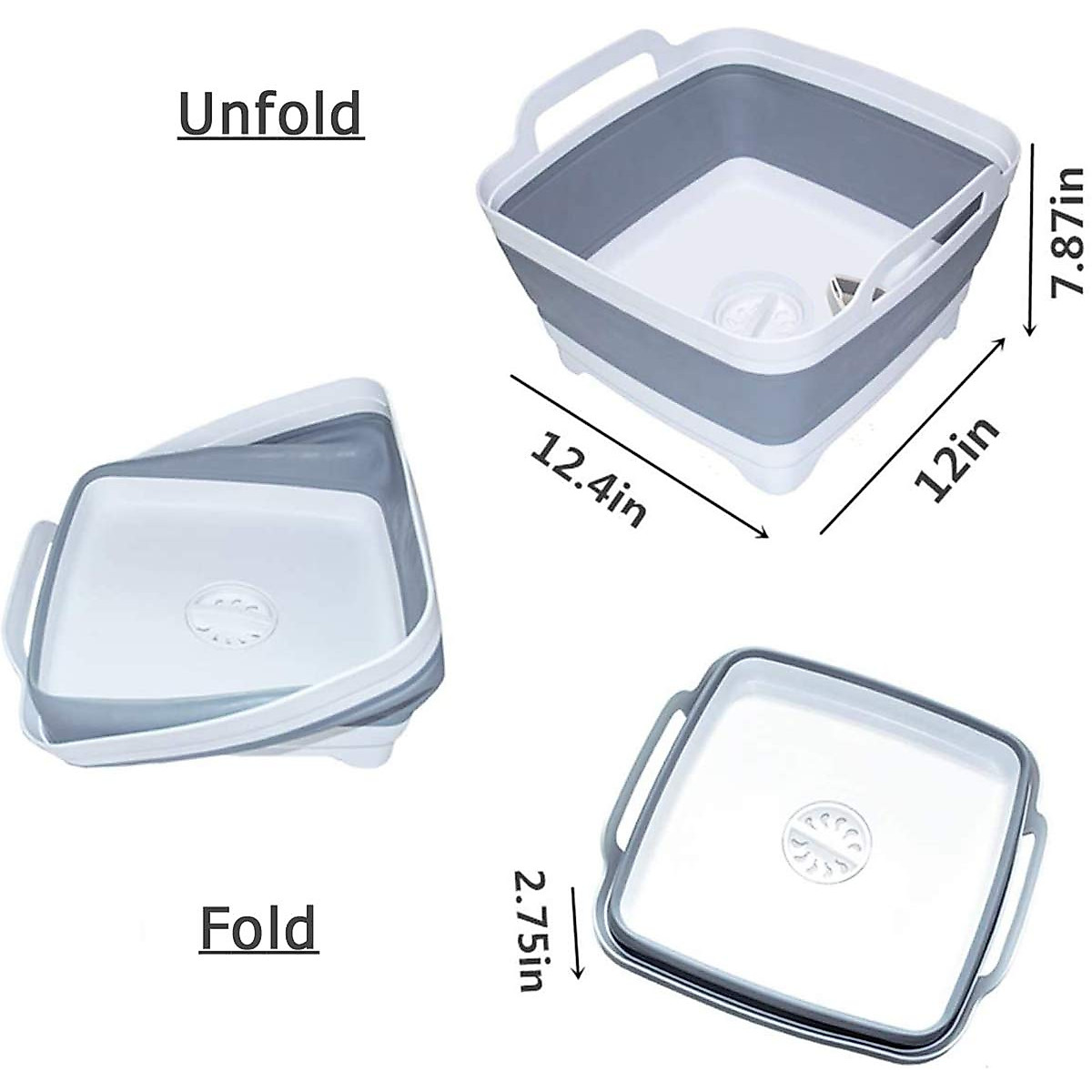 Leemeimei 9L (2.4Gallon) Dish Basin Collapsible with Drain Plug Carry Handles ,Kitchen Storage Tray Dish Wash Basin, Portable Dish Tub, Foldable Dishpan for Camping Portable Dish Washing(Gray)