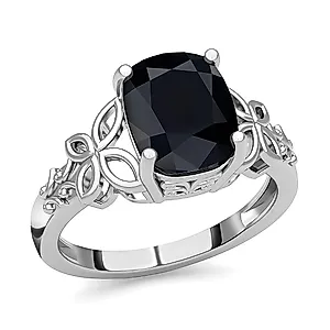 Shop LC Black Tourmaline Ring in 925 Sterling Silver - Unique Engagement Rings for Women - Vintage Flower Statement Solitaire Rings Size 7 - Cushion Cut Jewelry Birthday Gifts for Women