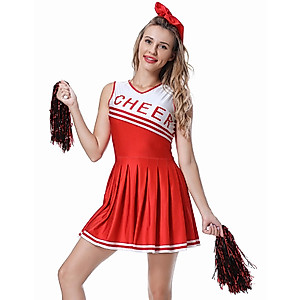 GRAJTCIN Womens Cheerleader Costume High School Girl Halloween Party Cheerleading Outfit with Pom Pom(Large, Red)