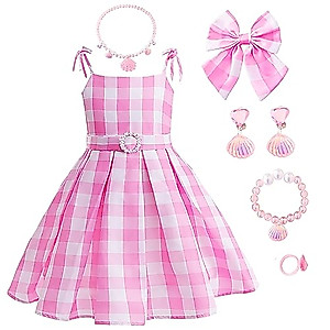 uivic Pink Costume for Girls, Doll Movie Cosplay Outfit Pink White Gingham Dress for Kids Party Birthday Dress Up (Pink1 with accessories, 7Years-8Years)