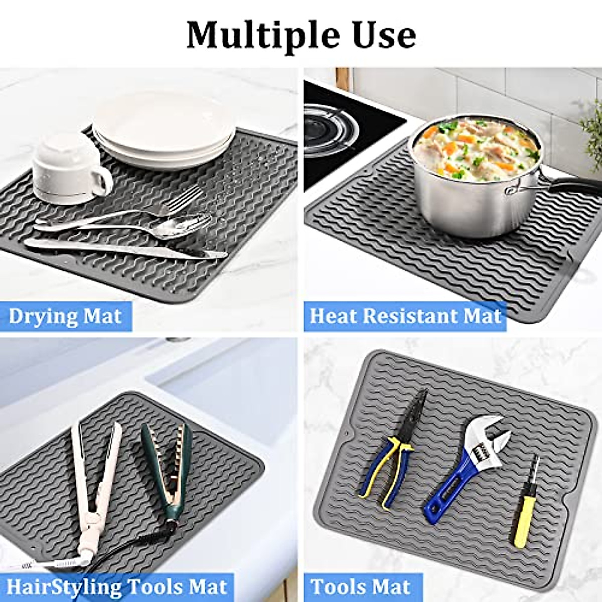 Elyum Dish Drying Mat, Silicone Drying Mat Heat Resistant Dish Mat Non-Slip Easy Clean Drying Mats for Kitchen Counter Sink(16" x 12'', Gray)