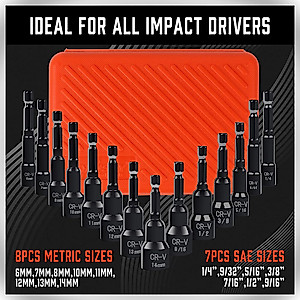 HORUSDY Magnetic Nut Driver Set | 15-Piece | Impact Nut Driver Set | SAE (1/4" to 9/16") and Metric (6-14mm) | Chrome Vanadium Steel | 1/4" Hex Shank