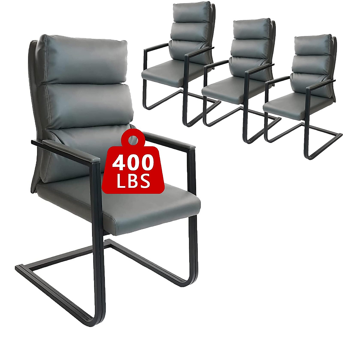 CLATINA Big Tall Office Guest Chair Upholstered Leather Comfortable Reception Chairs with Bonded Padded Arm Rest Sled Base for Conference Waiting Room Home Gray Set of 4