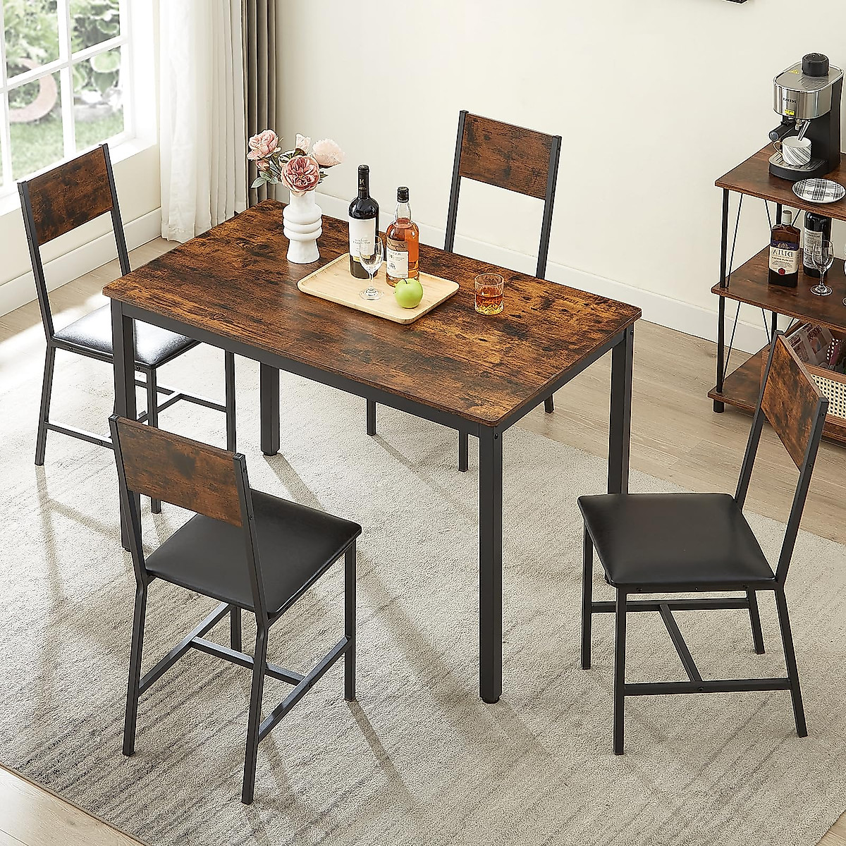 Rovibek 4 Chairs Dining Table Set for 4-8, Modern Space Saving Kitchen Desk, Wooden Industrial Style Farmhouse, 47", Leather Black Brown