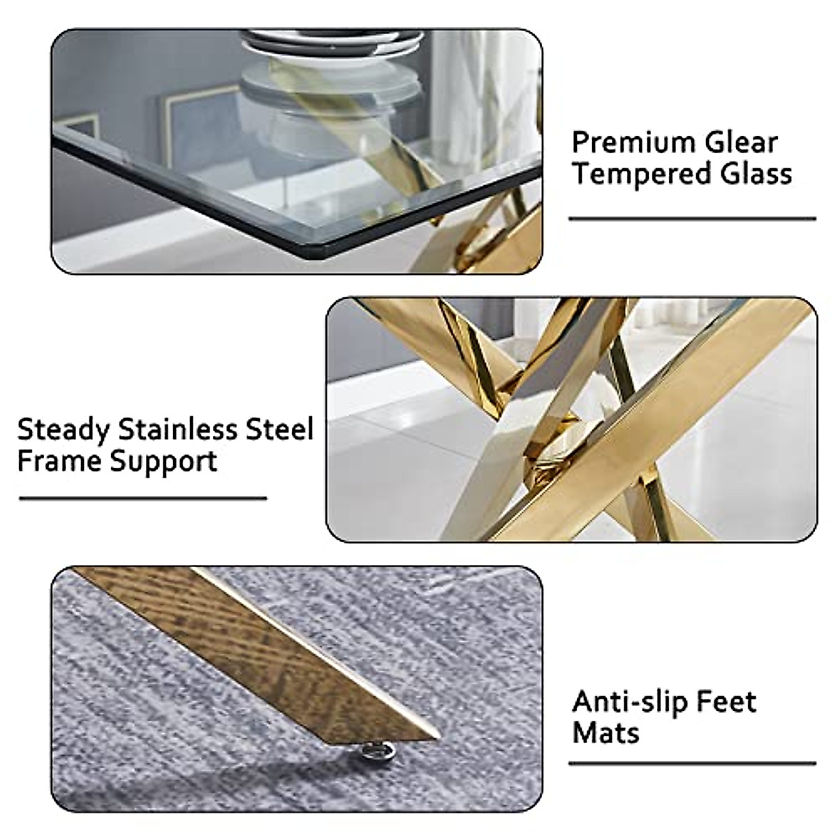 51'' Glass Dining Table with Tempered Glass Top, Gold Stainless Steel Legs Rectangular Table for 4 or 6 Person, Modern Kitchen Table Furniture for Home Office Dining Room, Elegant Clear Glass Table
