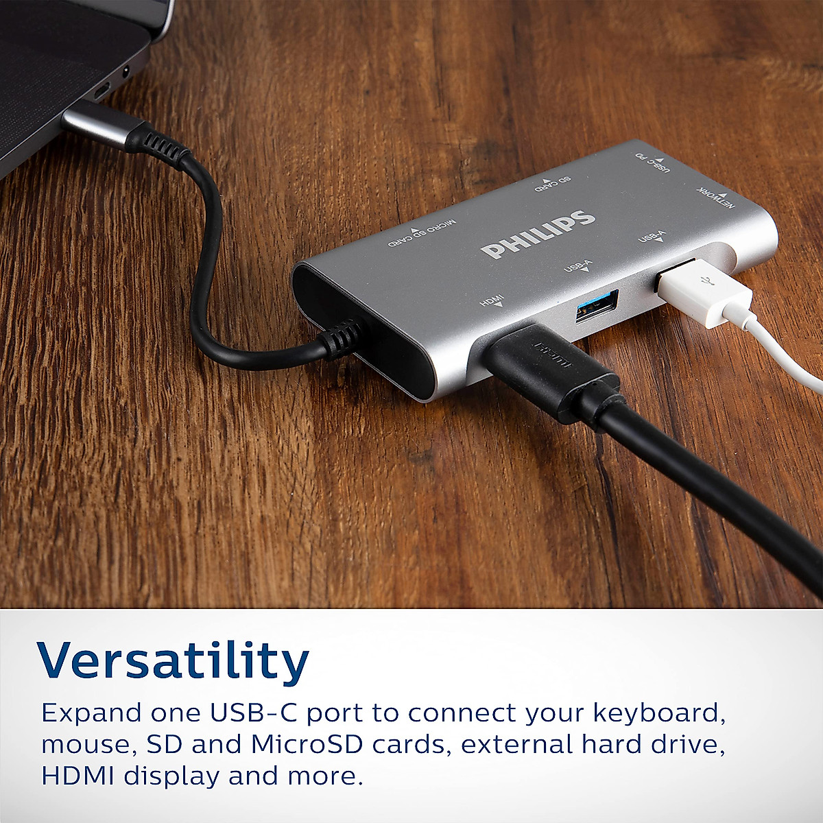 Philips USB C Hub with Power Pass-Through, 7-in-1 Multiport Adapter, 1 HDMI 4K@30Hz, 60W USB-C Power Delivery, 2 USB 3.0, 1 Ethernet, 1 SD 1 MicroSD Card Reader, DLK9120C/27