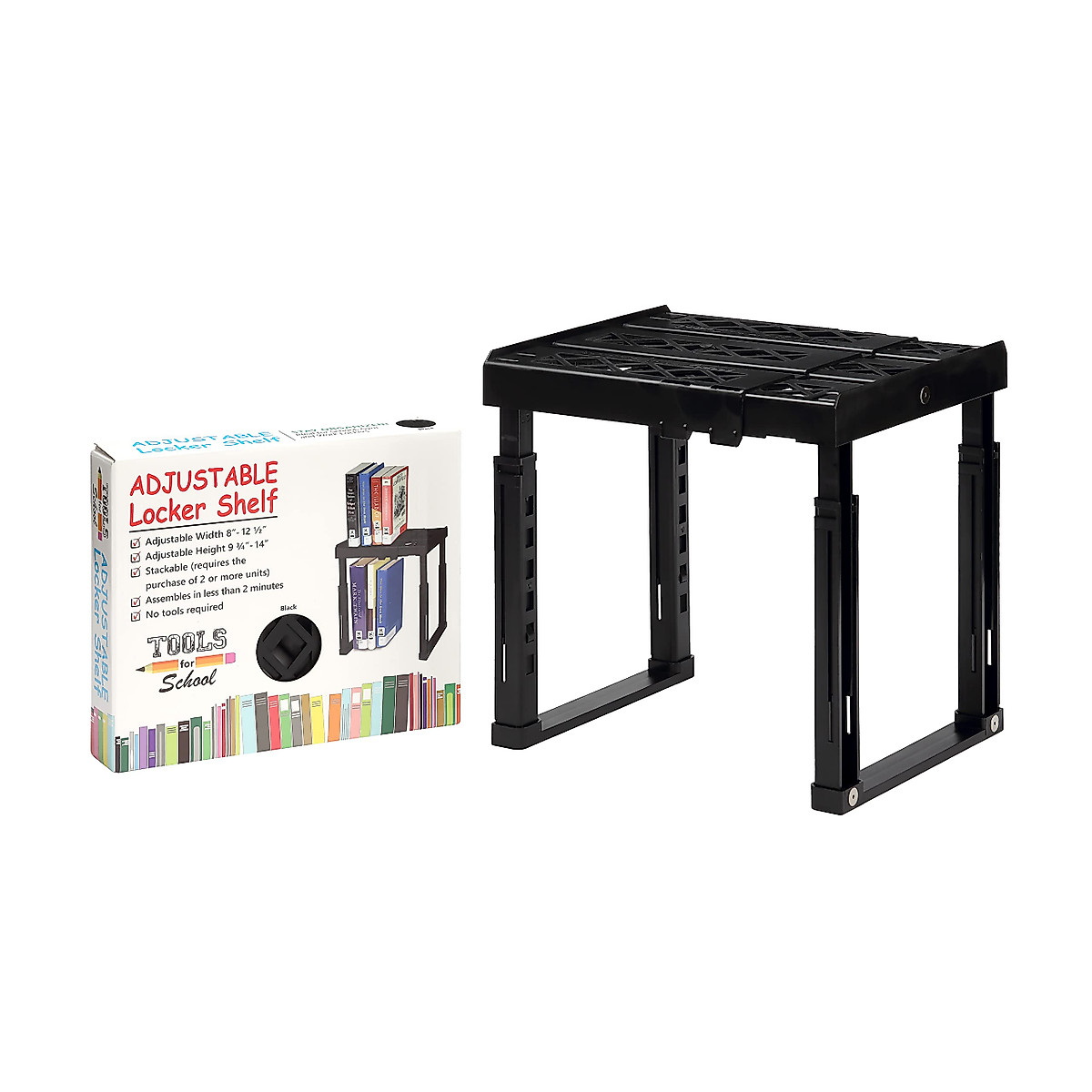 Tools for School Adjustable Locker Shelf Strong ABS Plastic - Width Adjusts from 8"-12.5" & Height Adjusts from 10"-14" - Patented Design - Beware of Cheap IMITATIONS - (Black)