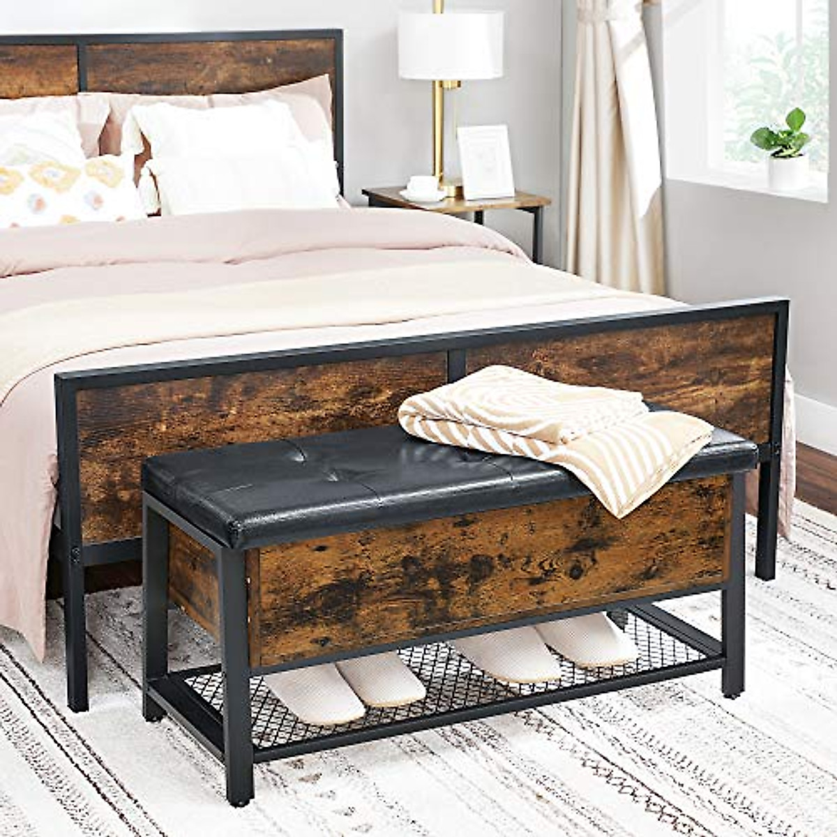 VASAGLE Industrial Storage Bench, Bed End Stool with Padded Seat and Metal Shelf, Sturdy Steel Frame, 39.4”L x 15.7”W x 18.5”H (100 x 40 x 47 cm), Rustic Brown + Black