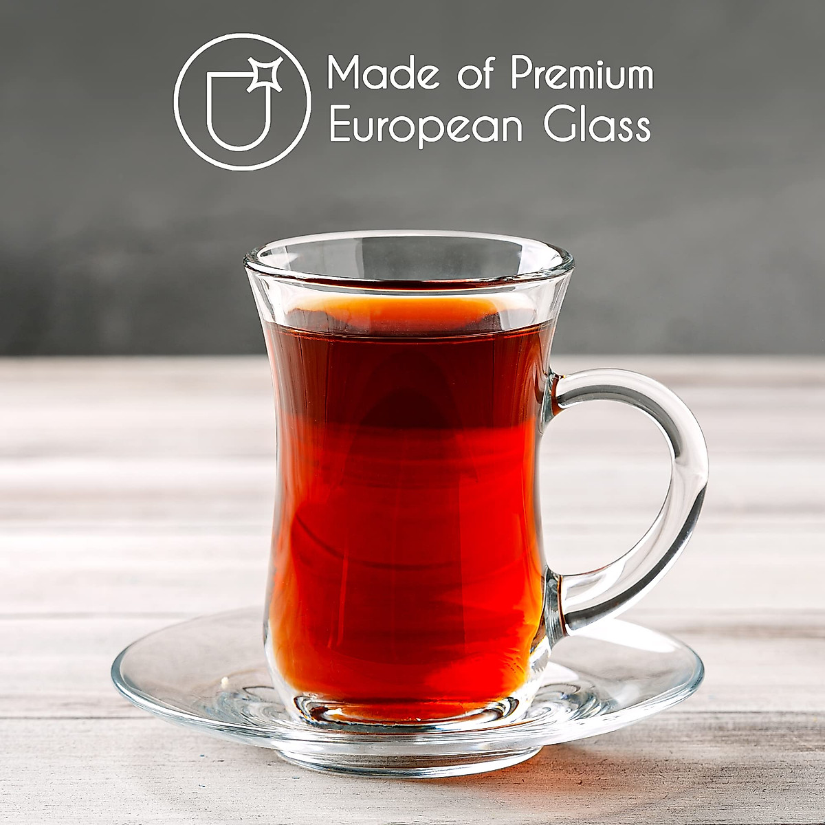 Volarium Small Turkish Tea Set 12 Piece Modern Turkish Tea Glasses & Saucers Set, 6 PCs 4.9 oz (145 cc) Clear Glass Tea Cups with Handle and 6PCs Glass Saucers