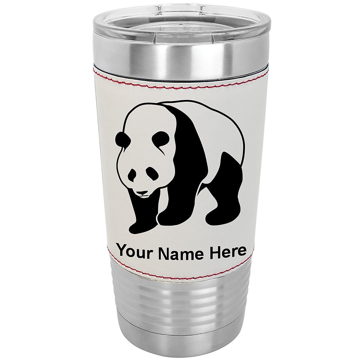 LaserGram 20oz Vacuum Insulated Tumbler Mug, Panda Bear, Personalized Engraving Included (Faux Leather, Baseball Style)