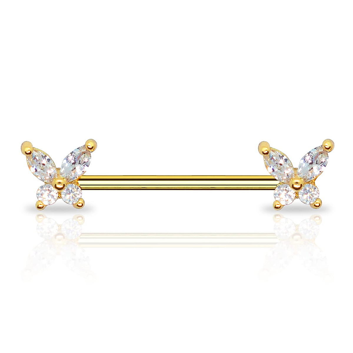 Pierce2GO Pair of Anodized Gold 316L 14G Butterfly Nipple Rings with CZ Stones Piercing Women - 9/16" Barbell