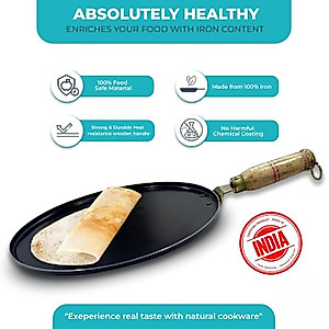 KASHVIYA Pre-Seasoned Iron Flat Dosa/Omelette/Roti/Chapati Tawa with Wooden Handle, Medium 10.5 Inch/27 Cm Gas&Induction Compatible | 100% Pure & Toxin-Free Iron, No Chemical Coating