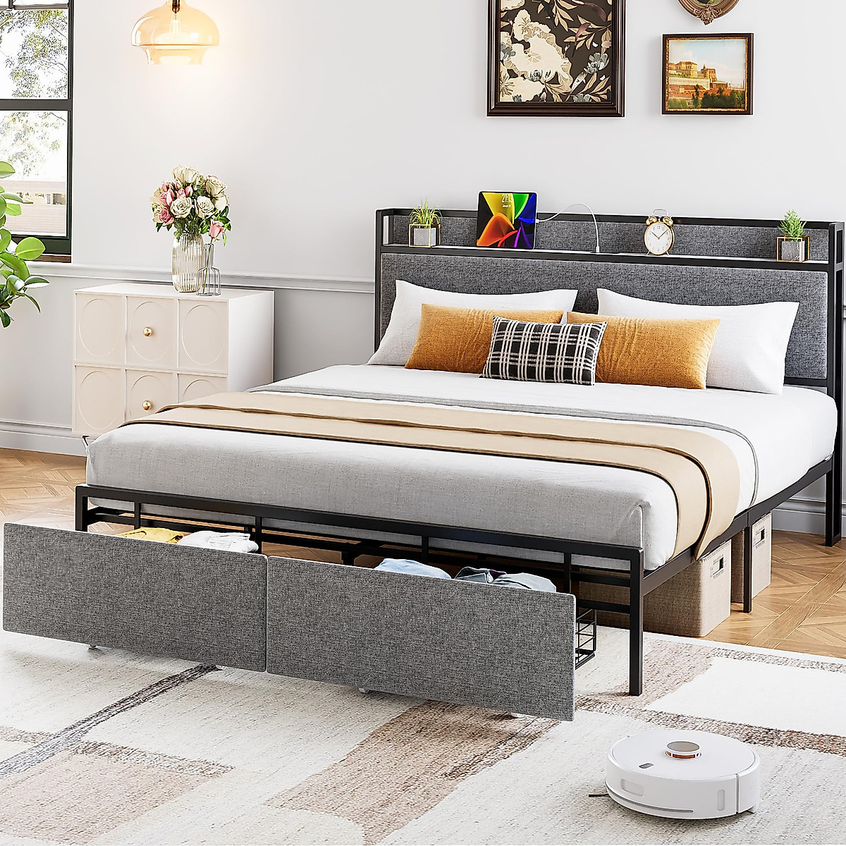 GarveeHome Full Size Bed Frame with 2 Drawers and Shelf Headboard, Charging Station with USB Port & Outlets, Upholstered Heavy Duty Platform Bed with Storage, No Box Spring Needed, Light Grey