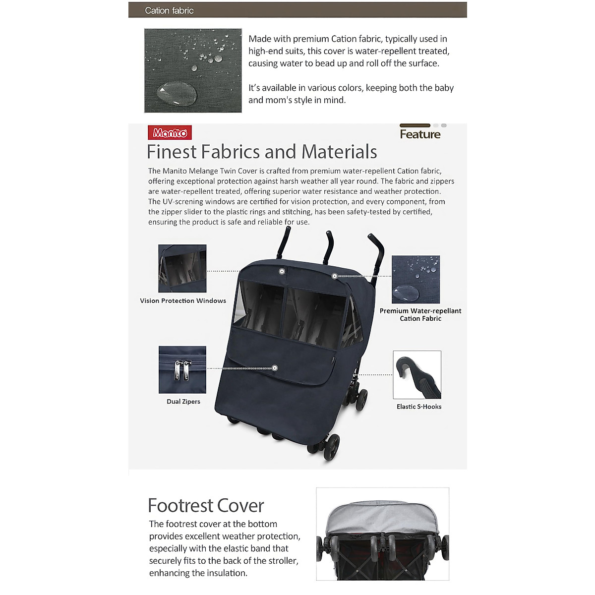 Manito Elegance Alpha Twin Stroller Weather Shield/Rain Cover (Navy)