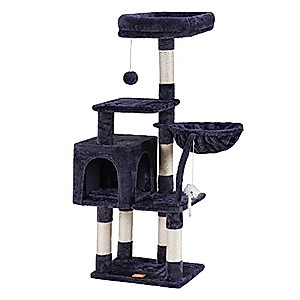 Heybly Cat Tree with Toy, Cat Tower condo for Indoor Cats, Cat House with Padded Plush Perch, Cozy Hammock and Sisal Scratching Posts, Smoky Gray HCT004SG