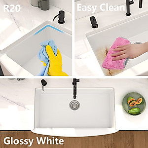 33 x 21 Inch Curved Farmhouse Sink White - CELAENO Single Bowl Fireclay Farmhouse Sink, Apron Front Deep Sink with Protective Bottom Grid and Strainer