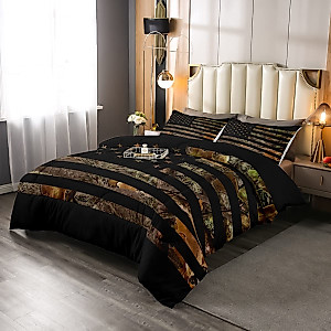 American Flag Camo Comforter Set Queen,Military Hunting Bedding Set Rustic Trees Leaves Camouflage Comforter for Boys Teens Kids Man Bedroom Nature Conifer Oak Branches Bedding Quilt Set 3 Pcs