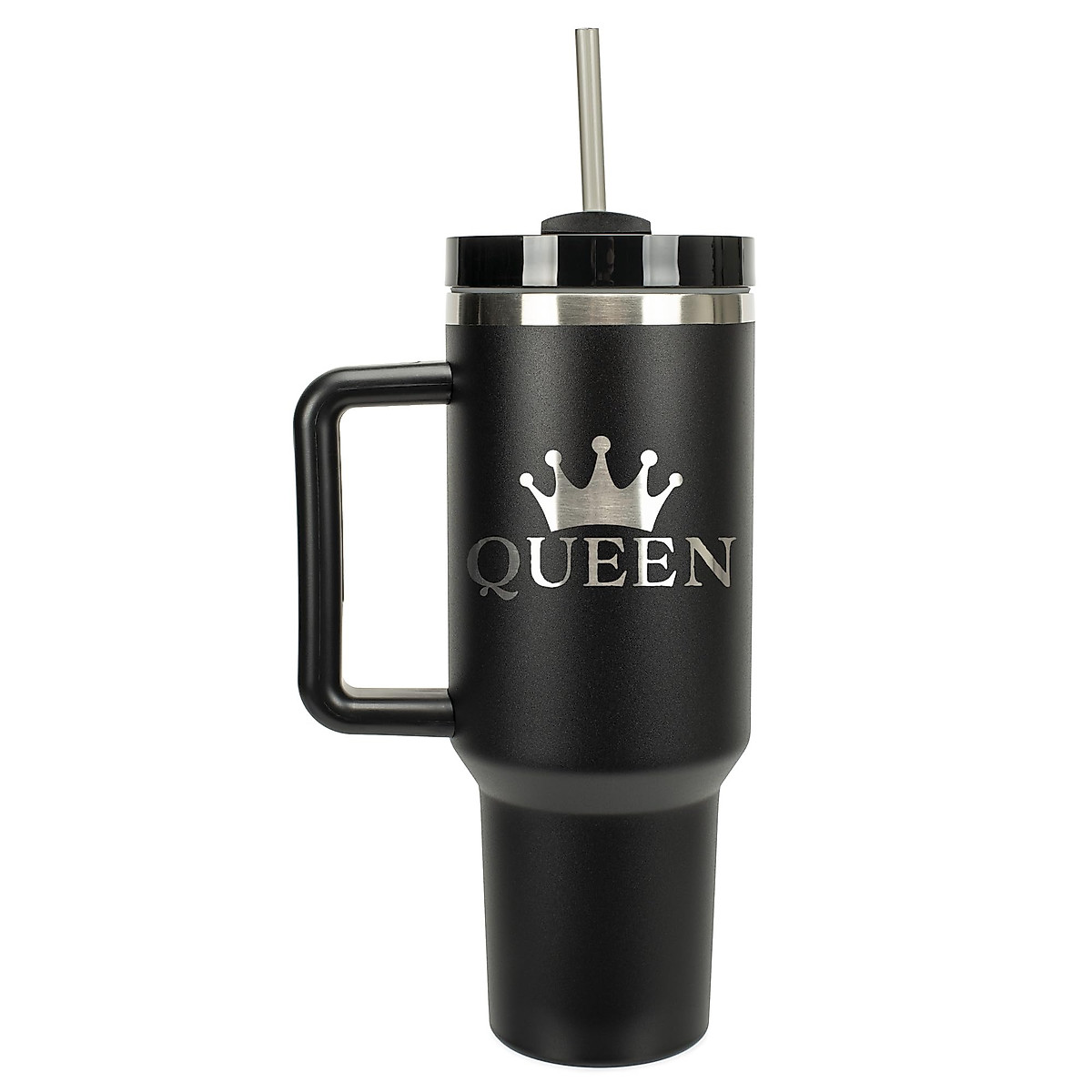 100 North Queen Royal Crown Wrap-Around 40 Oz. Stainless Steel Water Bottle Coffee Mug, Spill & Leak Resistant, Travel Tumbler with Handle, Lid & Straw, Black