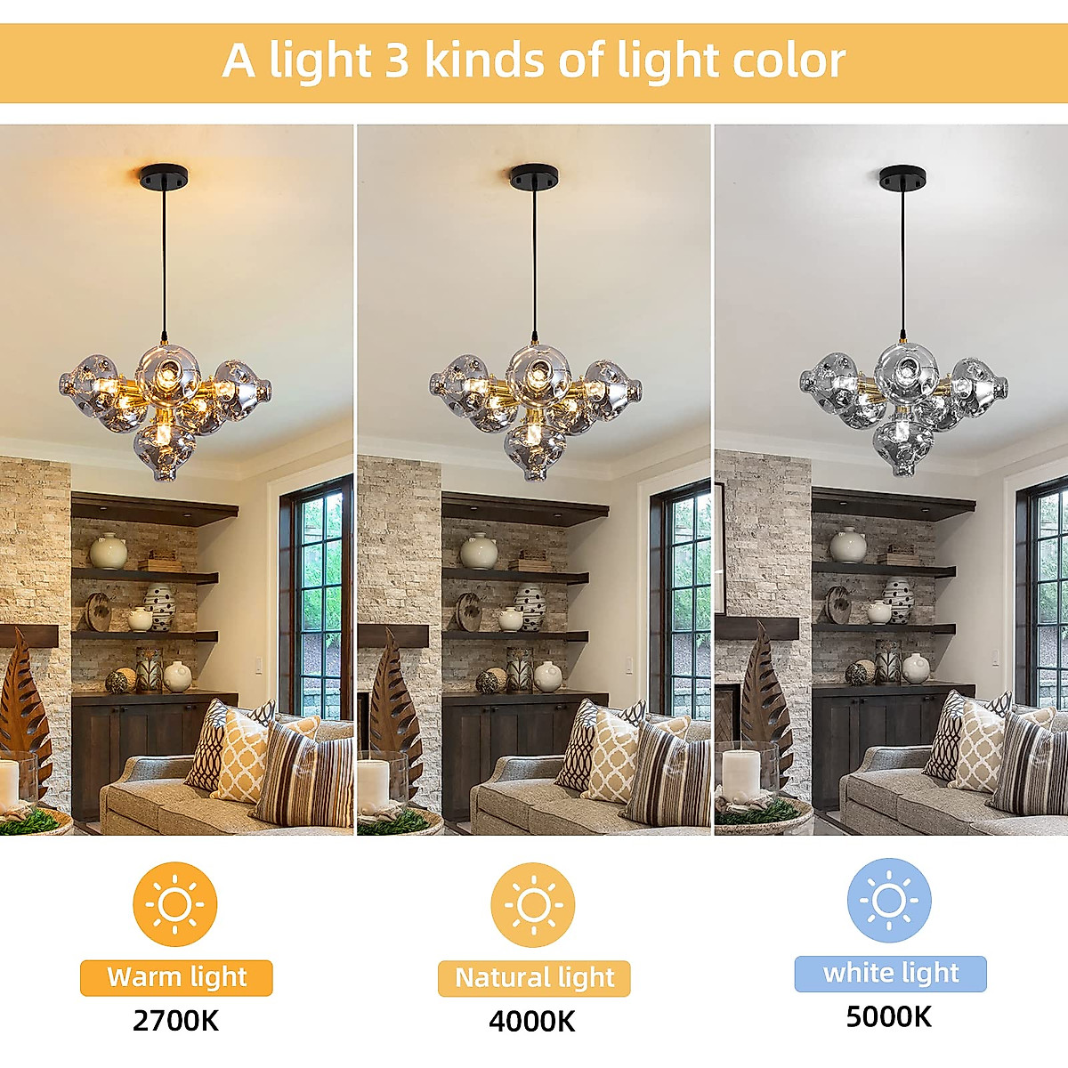 KELUOLY 6-Light Glass Chandelier, Mid Century Globe Black and Gold Hanging Ceiling Light, Smoke Grey Vintage Hanging Pendant Light for Bedroom Dining Room Kitchen Farmhouse Living Room