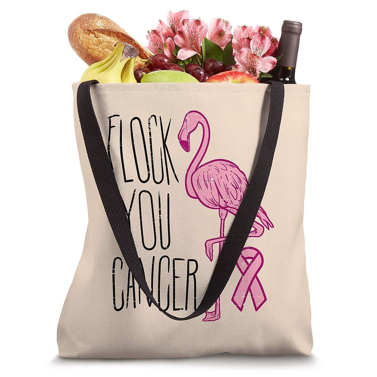 Flock You Breast Cancer Flamingo Pink Ribbon Support Gift Tote Bag
