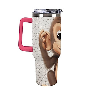 LLUTSNTH 40 Oz Vacuum Tumbler with Light Rose Red Handle Leakproof Insulated Tumbler Cute Monkey Stainless Steel Travel Mug with Lid And Straw Coffee Cup Cute Water Bottles Cup Holder Friendly