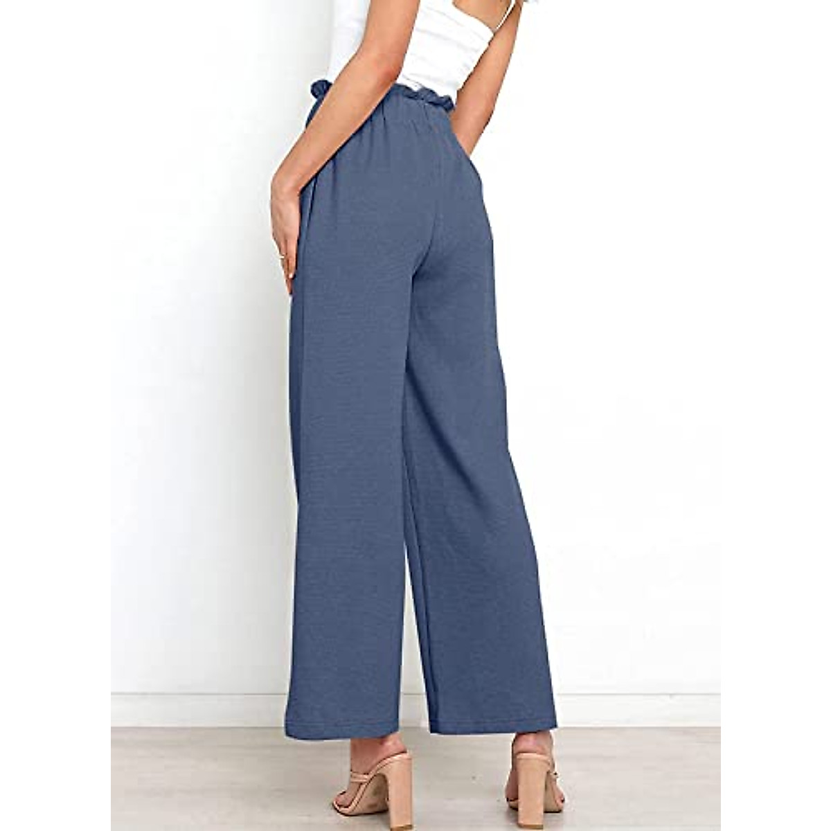 EVALESS Wide Leg Pants for Women Casual Loose Elastic High Waisted Waffle Knit Work Lounge Palazzo Dress Pants Trousers with Pockets Blue X-Large