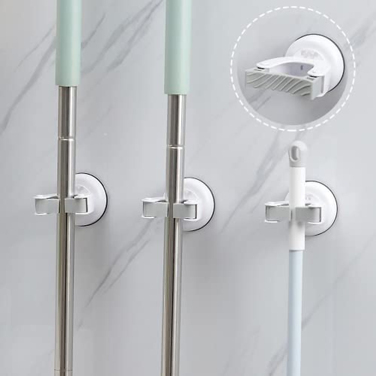 MIEDEON Bathroom Mop Holder, Strong Storage Mop Clip, Hole-free Suction Cup Wall-mounted Broom Holder (White,7*8*6.5CM)