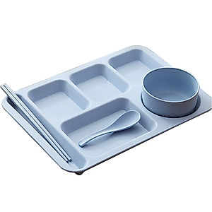 Cabilock Portion Control Plate Compartment Food Tray Set Divided Dinner Plate with Bowl Utensil Wheat Straw Separate Dinner Dish Restaurant Home Serving Food Plate Blue Plates Divided
