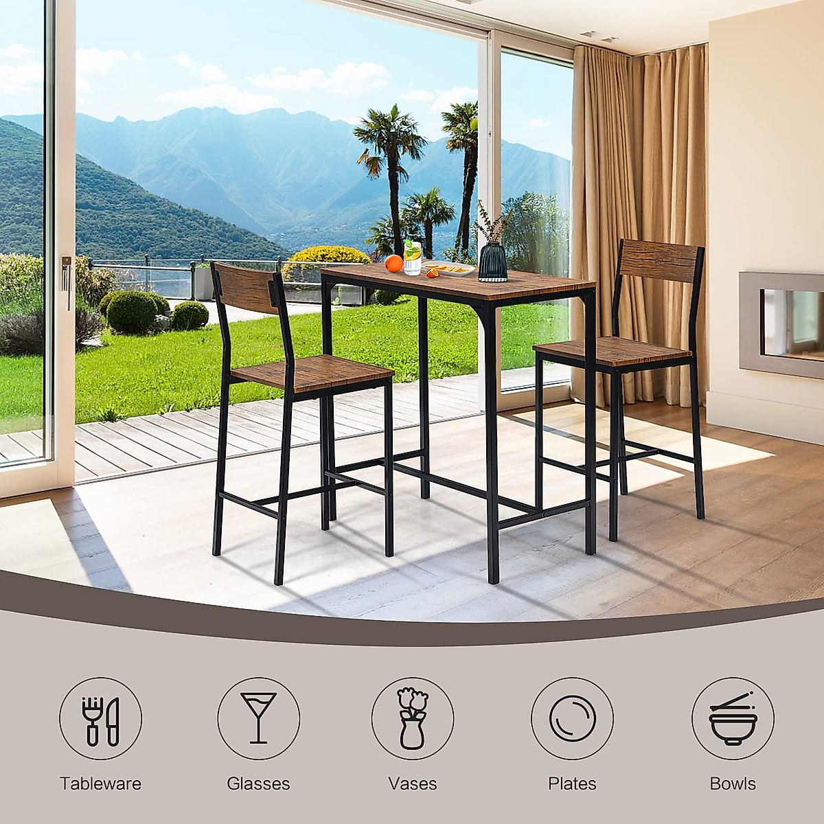 COSTWAY 3 Pieces Bar Table Set, Pub Table Set W/Heavy Duty Steel Frame, Modern Industrial-Style Table & Chair Set for Kitchen, Dining Room, Breakfast Nook, Bistro, Easy Assembly