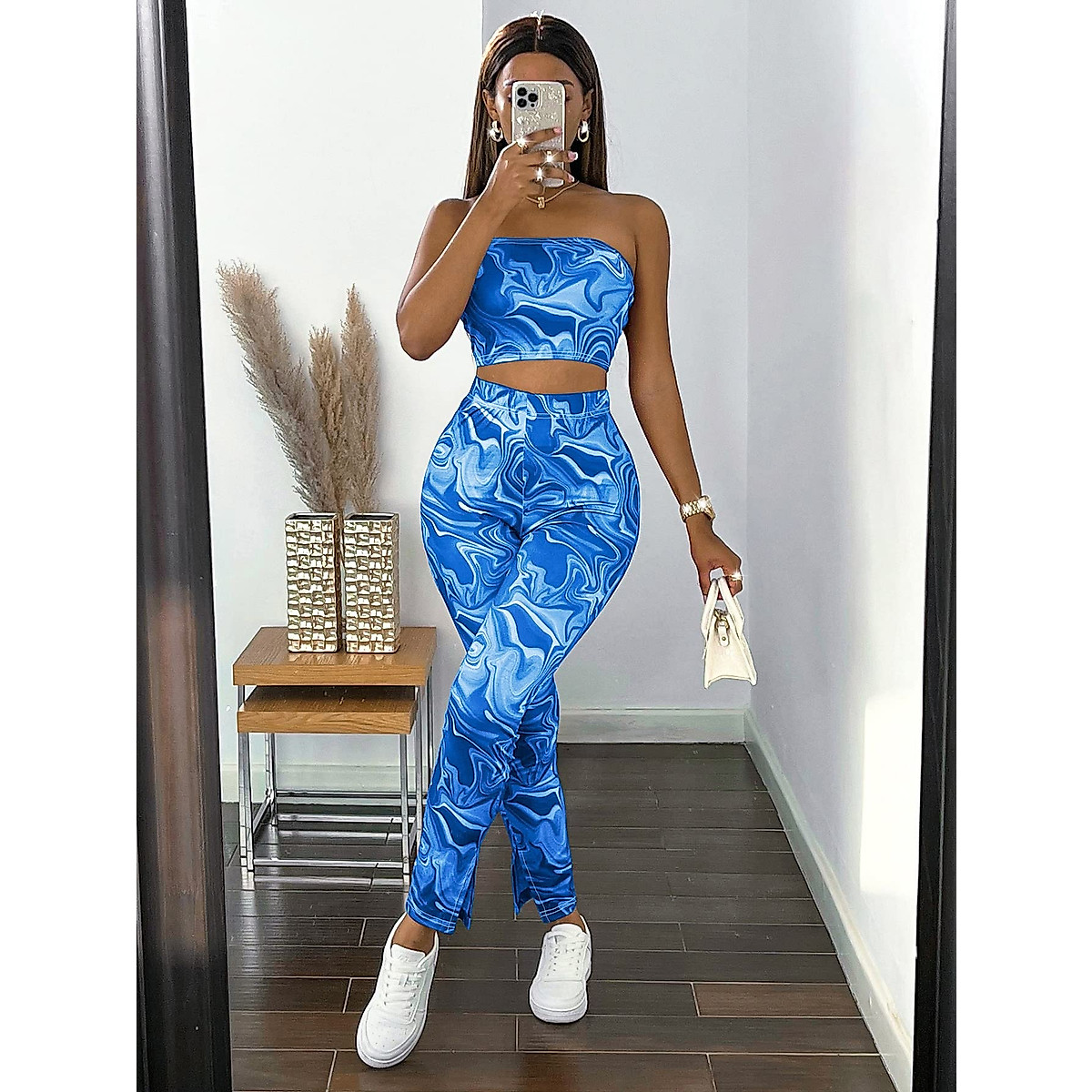 OYOANGLE Women's 2 Pieces Outfit Marble Print Crop Tube Top and High waist Legging Workout Yoga Set Royal Blue L
