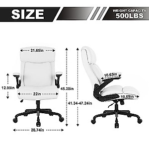 Executive Office Chair, Big and Tall Office Chair 500lbs for Heavy People Ergonomic High Back Leather Executive Office Chair with Flip-up Armrests and Adjustable Height Office Chair （White）