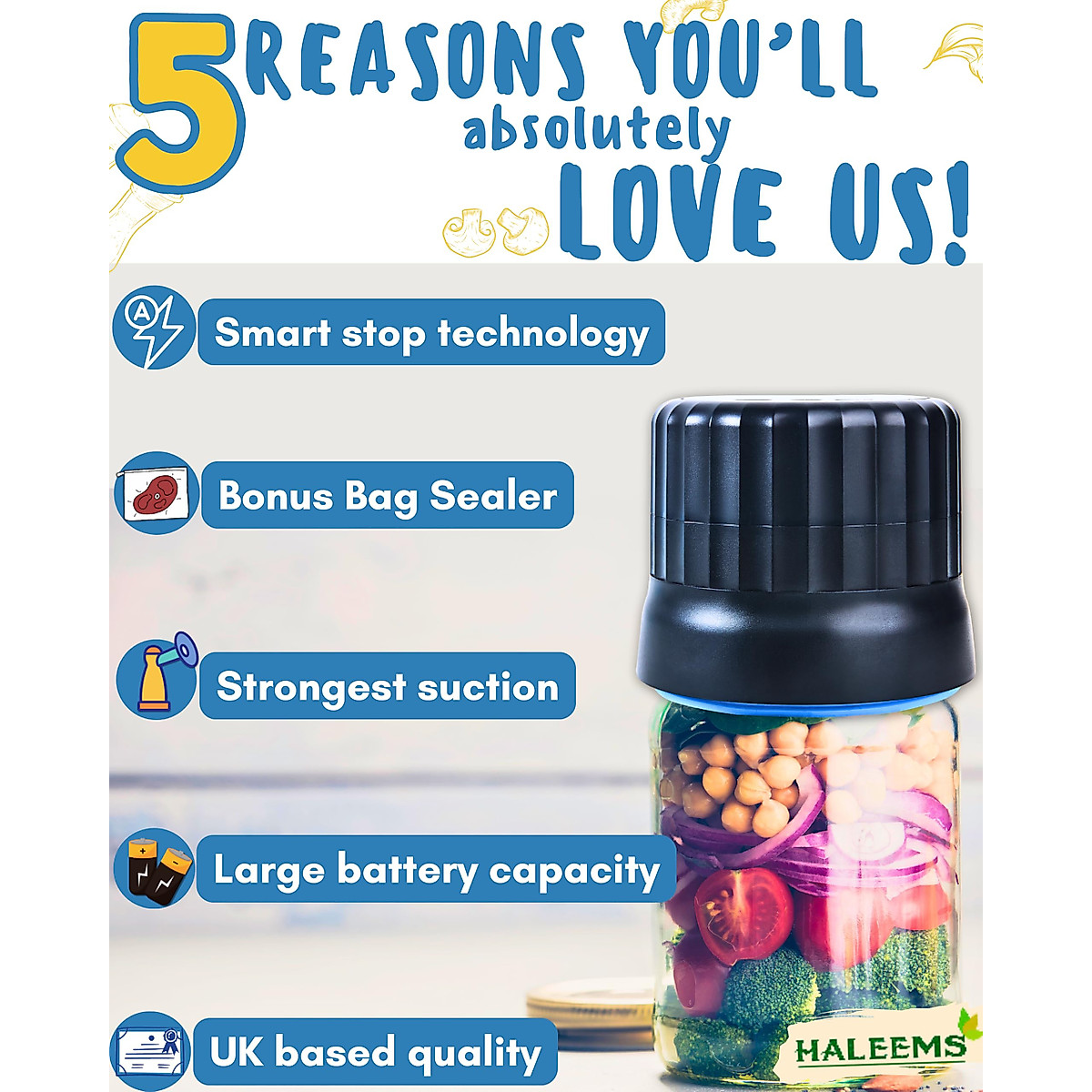 Electric Mason Jar Vacuum Sealer Kit - Auto Stop, Compact Design, Seals Jars and Bags, Jar Vacuum Sealer for Mason Jars, Mason Jar Sealer Vacuum Kit, Food Saver Jar Sealer for Mason Jars