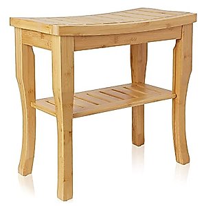 Casafield Bamboo Shower Bench with Storage Shelf, Wooden 2-Tier Bathroom Spa Stool for Indoor or Outdoor Use