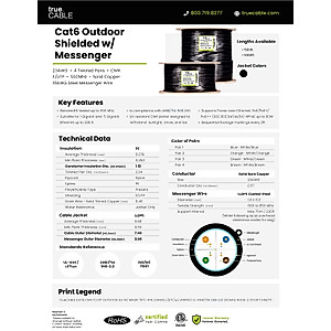 trueCABLE Cat6 Outdoor W/Messenger, Shielded FTP, 1000ft, UV, Aerial, CMX, Black, 23AWG Solid Bare Copper, 550MHz, PoE++ (4PPoE), ETL Listed, Bulk Ethernet Cable