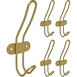 Tibres - Gold Coat Wall Hooks for Towel Clothes Robe Jacket Backpack and Bag - Brushed Gold Hanger for Bathroom - Metal Double Hooks Door or Wall Mounted - Set of 5