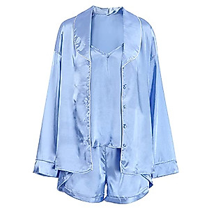 Womens Pajama Sets Silk Satin 3 Piece Sleepwear Cami Shorts and Long Sleeve Top Set Soft Comfy Loungewear, 3-blue-imitation Silk-3pcs