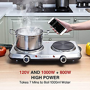 SUNAVO Hot Plates for Cooking, 1800W Electric Double Burner with Handles, 6 Power Levels Stainless Steel Hot Plate for Kitchen Camping RV Cast Iron