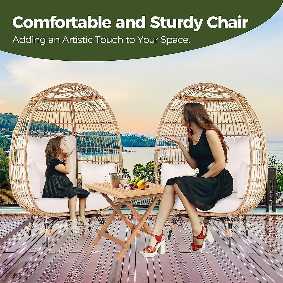 OTSUN Wicker Egg Chair, Oversized Egg Basket Chair for Living Room, Backyard, Outdoor Indoor Lounger with 4 Cushions, 440lb Capacity, Steel Frame, Ivory