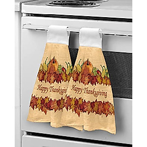 Happy Thanksgiving Orange Kitchen Hanging Towel Hand Towels with Loop, 1 Pack Soft Absorbent Tie Towel for Bathroom Farm Crops Pumpkin and Maple Leaves Tea Bar Dish Cloths Home Cleaning Terry