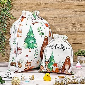2 Pcs Woodland Animal Baby Shower Drawstring Bags Large Gift Bags 20/12 Inch Fabric Canvas Party Favor Bags Reusable Gift Wrap Bags for Woodland Baby Shower Gender Reveal Birthday Party