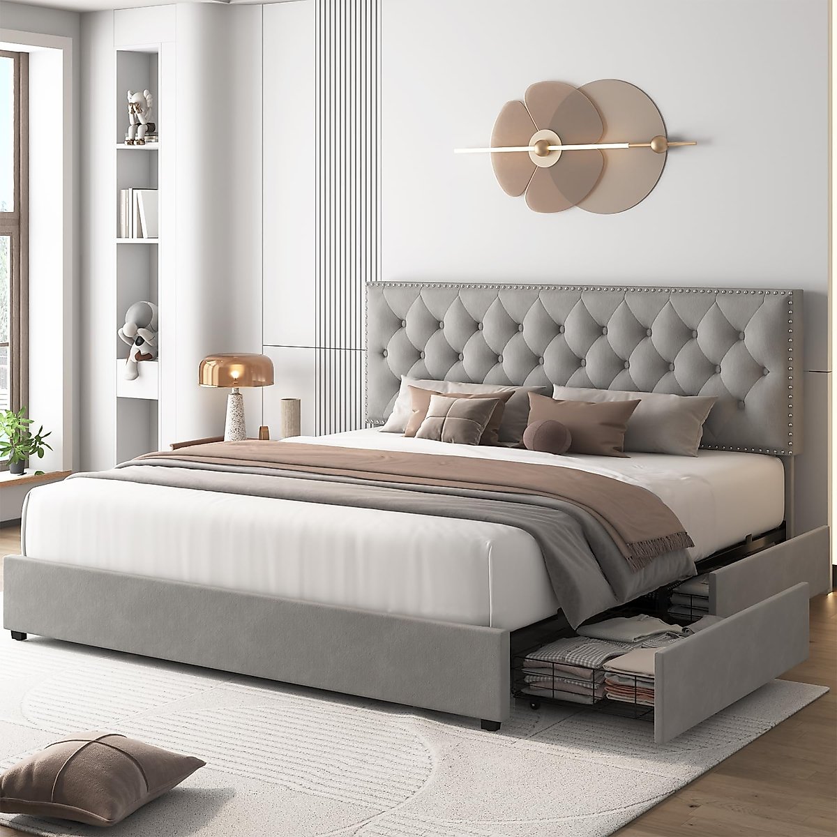HOSTACK Queen Size Bed Frame with 4 Storage Drawers, Modern Upholstered Platform Bed with Adjustable Headboard,Button Tufted Bed Frame with Wood Slat Support,No Box Spring Needed(Grey, Queen)
