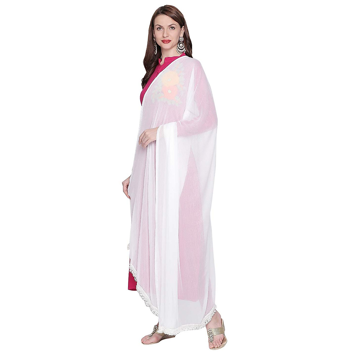 DUPATTA BAZAAR Woman's White Chiffon Dupatta with lace on border.