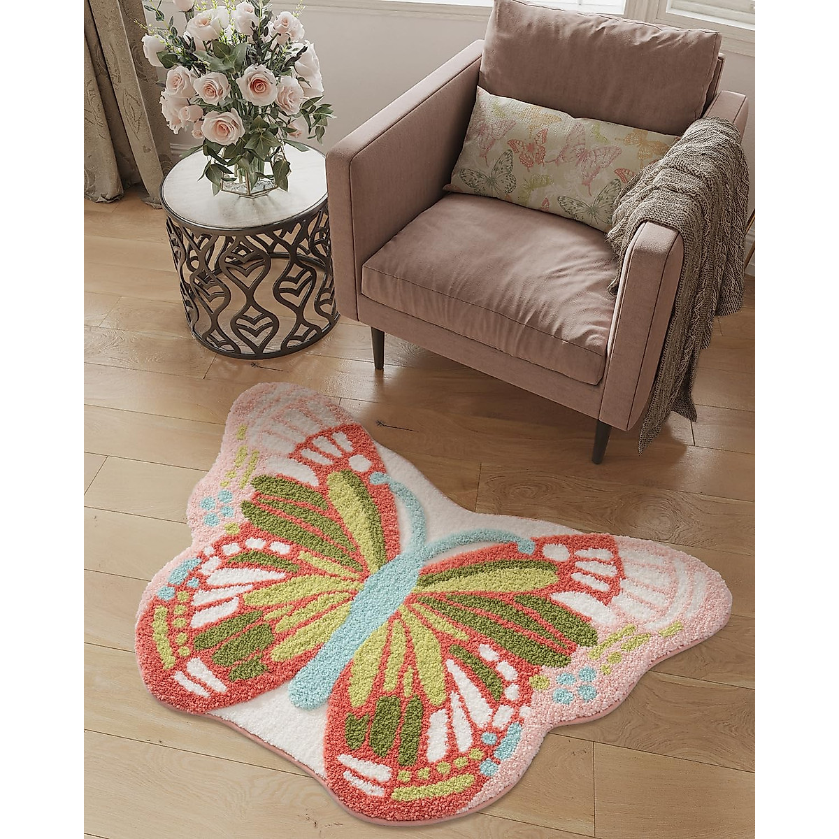 LUMI Area Rug, Shag Ultra-Soft Absorbent Rugs, Washable Non-Slip Backing Cute Carpet, Plush High Pile Floor Mats for Living Room, Kids Room, Bedroom and Nursery Room Decor, 28"x39", Pink Butterfly